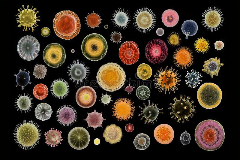 Colorful Abstract Art: Microscopic Viral Particles on a Simple Black ...