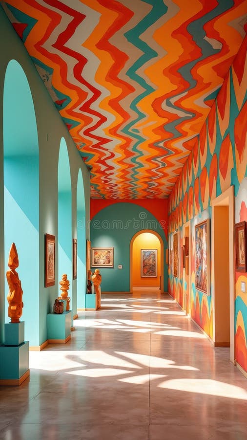 Colorful Abstract Art Museum Corridor with Vivid Patterns and ...