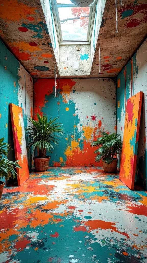Colorful Abstract Art Studio with Paint-splattered Walls and Natural ...