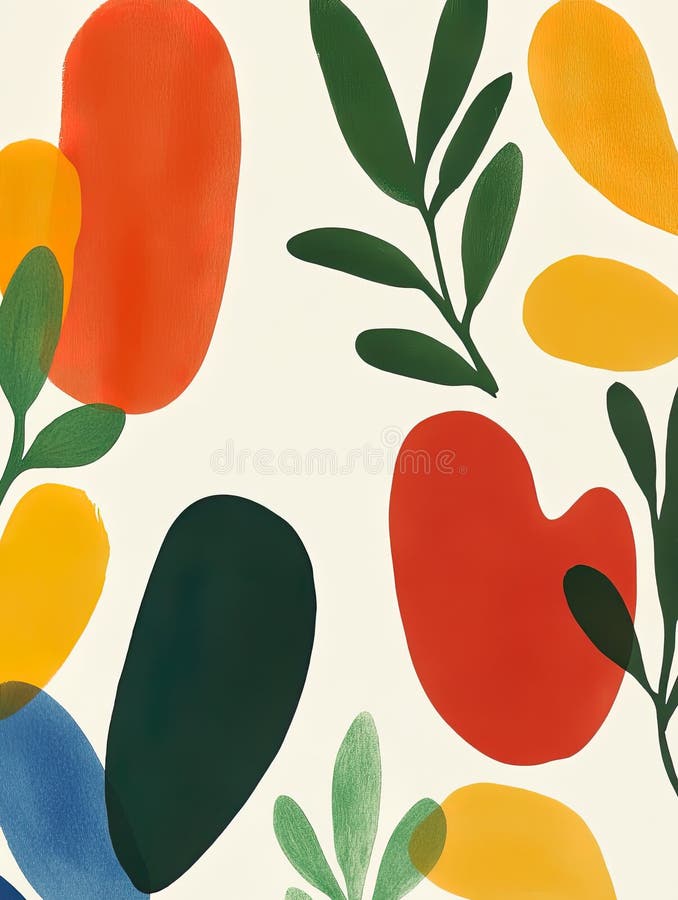 Colorful Abstract Botanical Pattern with Bold Shapes and Green Leaves ...