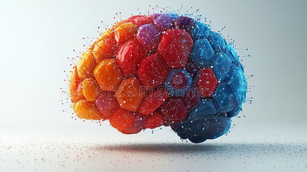 Colorful Abstract Brain with Geometric Hexagonal Pattern and Neural ...