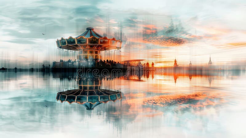 Colorful Abstract Carousel Reflected on Water at Sunset with Blurred ...