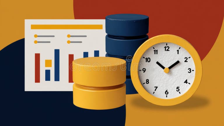 Colorful Abstract Composition with a Clock, Data Charts, and ...