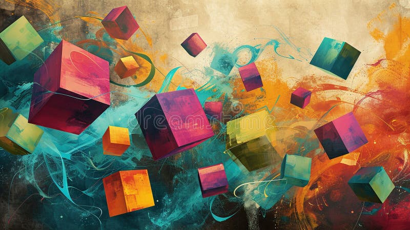 Colorful Abstract Composition of Floating Cubes and Splashes of Paint ...