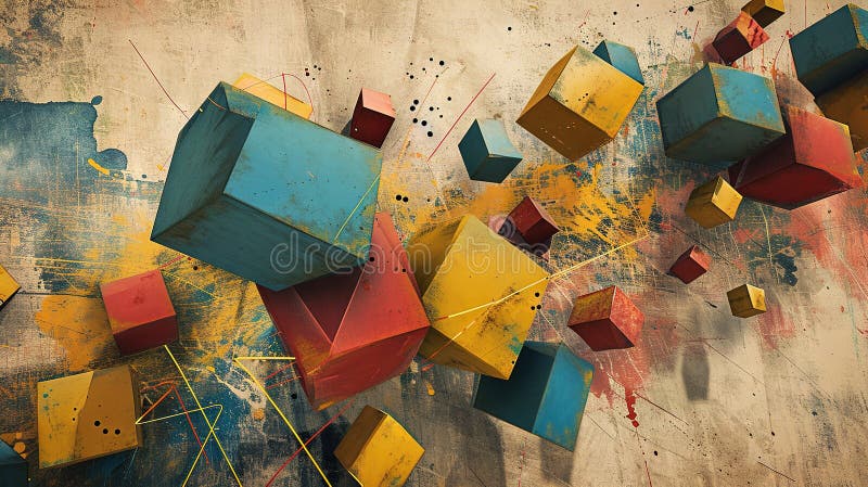 Colorful Abstract Composition of Floating Cubes and Splashes of Paint ...