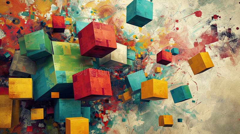 Colorful Abstract Composition of Floating Cubes and Splashes of Paint ...