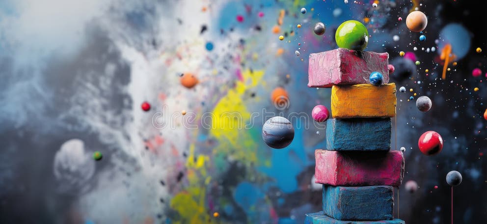 Colorful Abstract Composition with Floating Spheres and Stacked Blocks ...