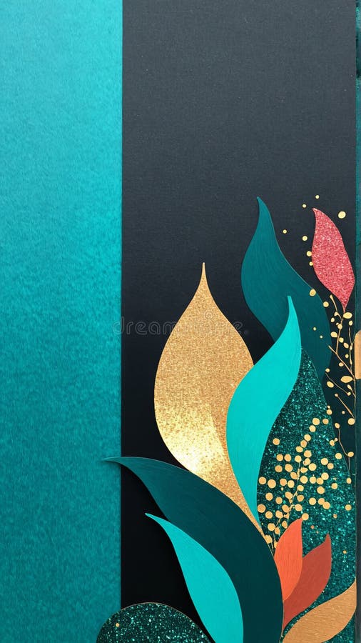 Colorful Abstract Composition with Gold, Teal, and Textured Leaf ...