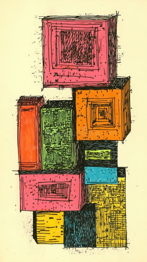 A Colorful Abstract Composition of Stacked Geometric Shapes in Various ...