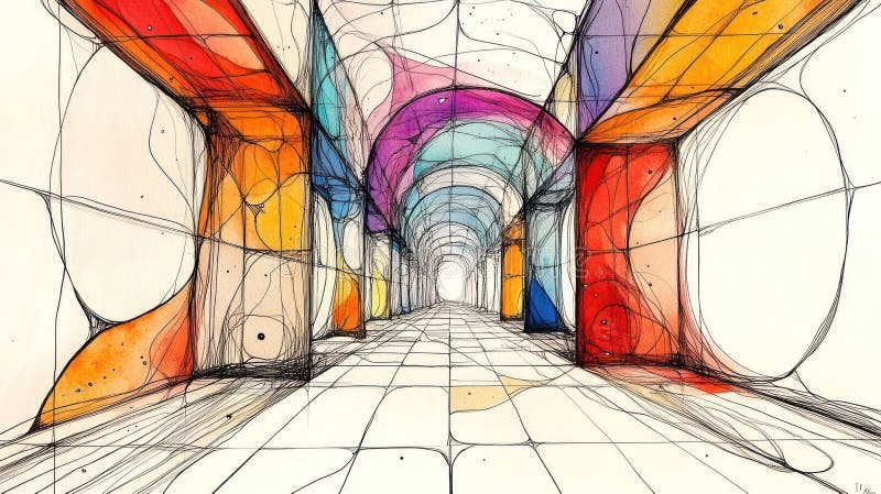 A Colorful, Abstract Corridor Illustration Showcasing Dynamic Shapes ...
