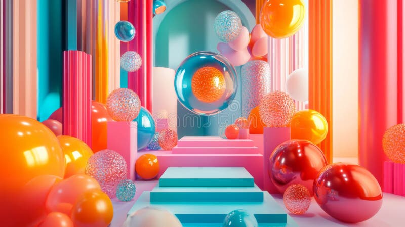 Colorful Abstract 3D Render with Shiny Spheres and Geometric Shapes ...