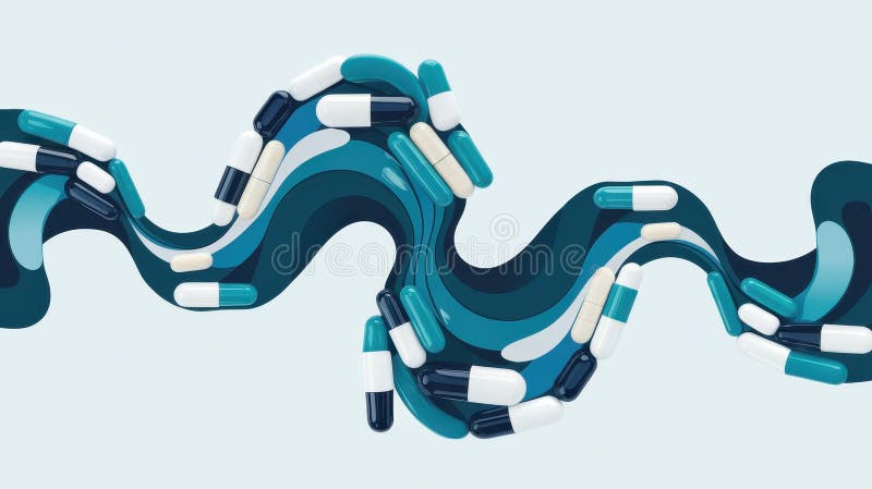 Colorful Abstract Design of Blue and White Capsules Flowing in a Wavy ...