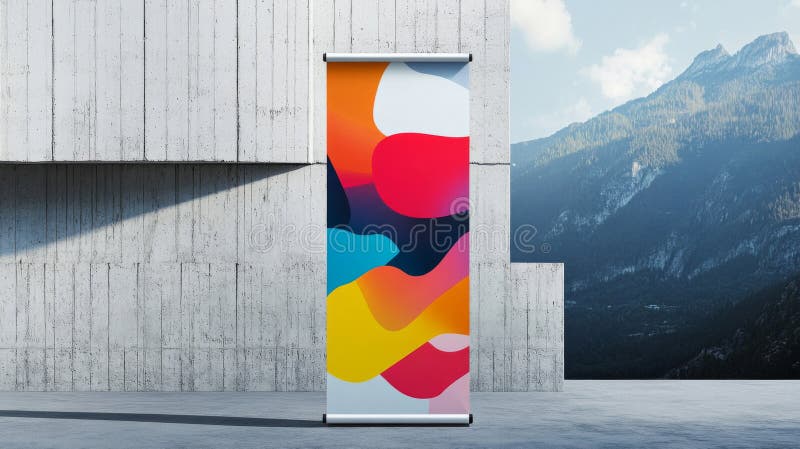 Colorful Abstract Design on Retractable Banner in Front of Concrete ...