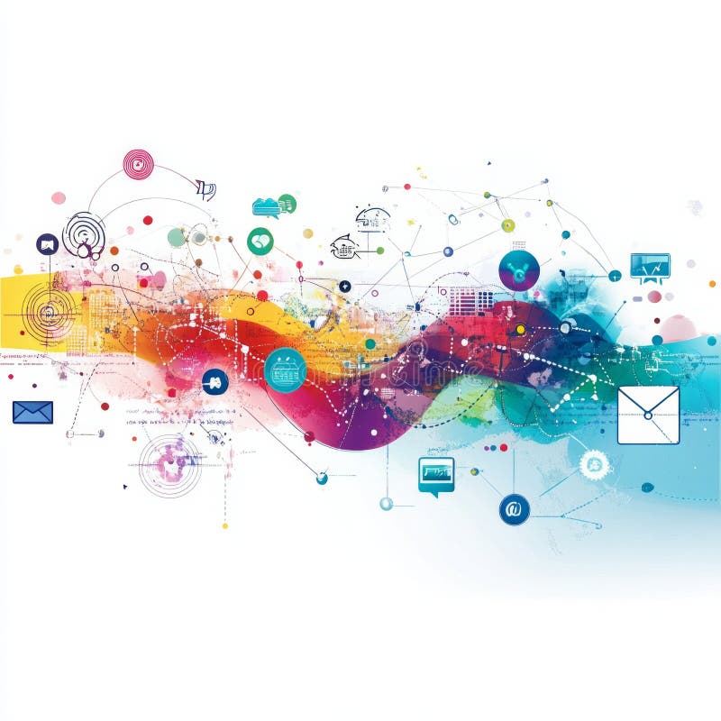 Colorful Abstract Digital Communication Network with Icons and Flowing ...