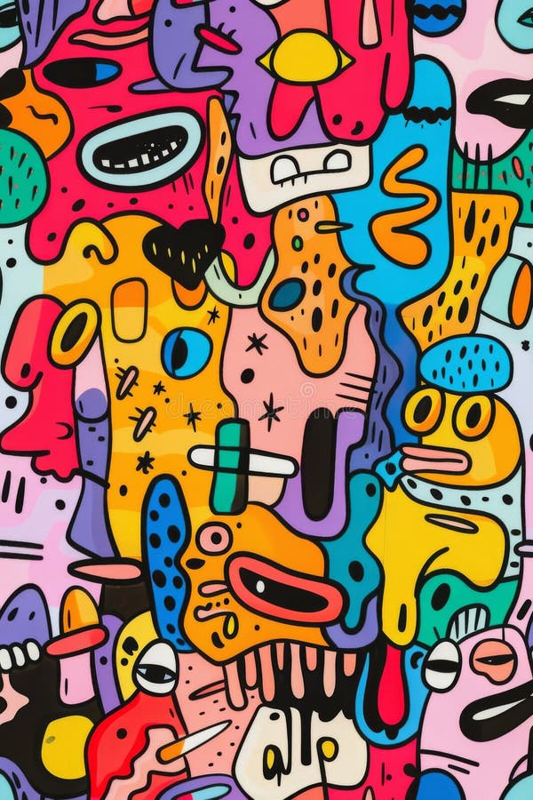 Colorful Abstract Doodle Pattern with Cartoon Characters and Geometric ...