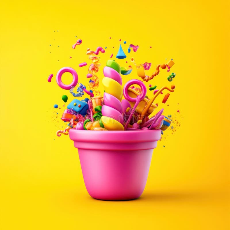 Colorful Abstract Explosion of Playful Objects from Pink Pot on Yellow ...