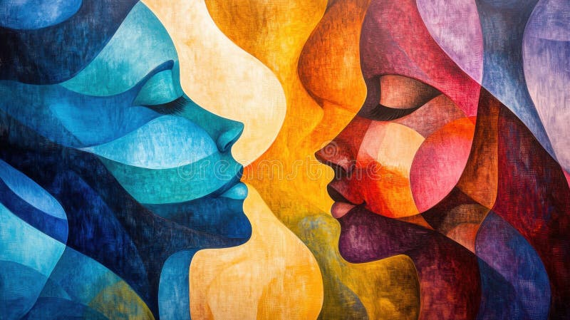 Colorful Abstract Faces in Merging Shades of Blue and Orange Stock ...