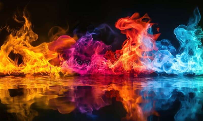 Colorful Abstract Flames with Reflections on Water Surface in Dark ...