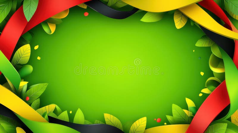 Colorful Abstract Frame with Ribbons and Leaves on Green Background ...