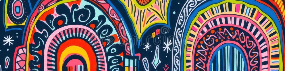 Colorful Abstract Geometric Pattern with Arches and Swirls on Dark ...