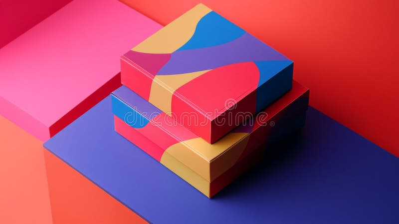 Colorful Abstract Gift Boxes Stacked on Geometric Background Stock ...