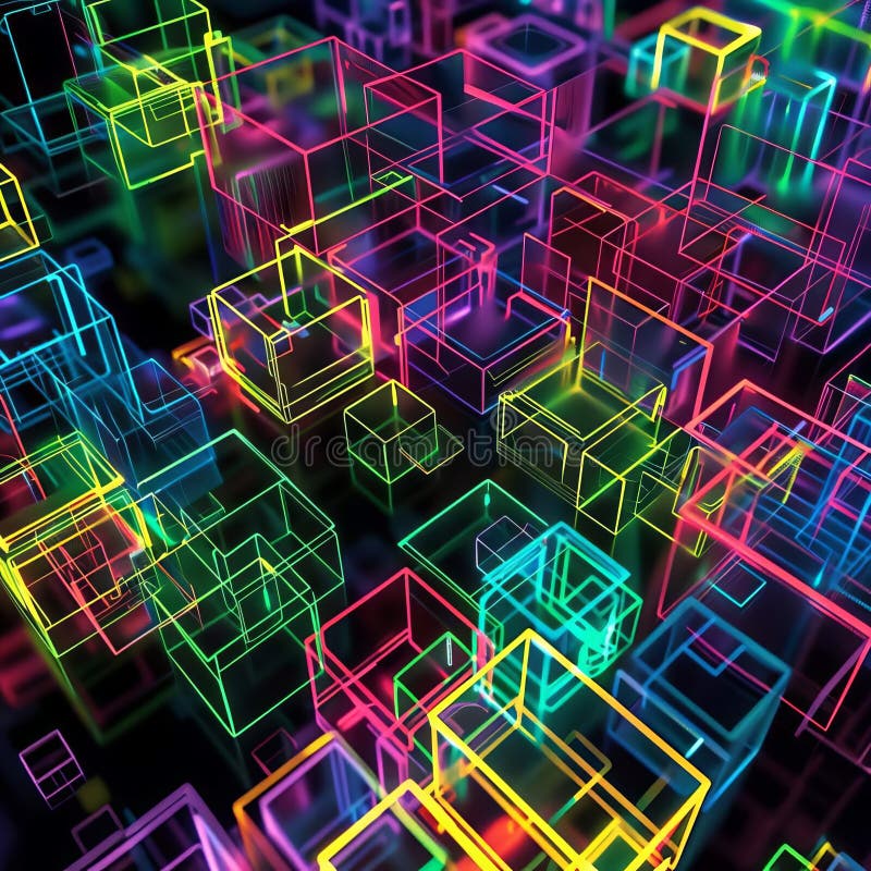 Colorful Abstract Glowing Cubes Forming Complex Structure on Dark ...