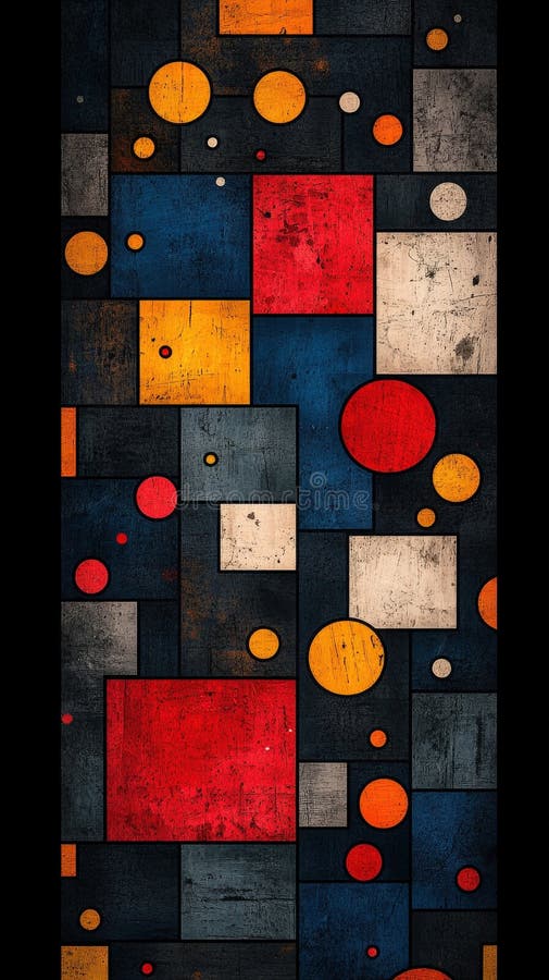 Colorful Abstract Grid with Red, Blue, and Yellow Squares and Circles ...