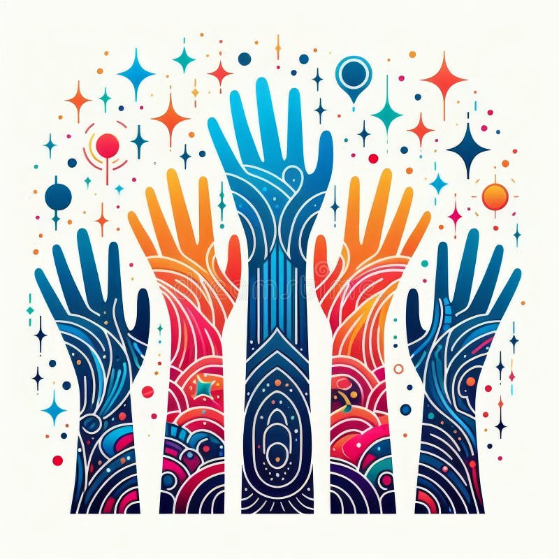 Colorful Abstract Hands Raised Up with Decorative Patterns and Stars on ...