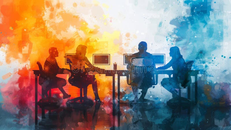 Colorful Abstract Illustration of a Diverse Team Working at Desks in a ...