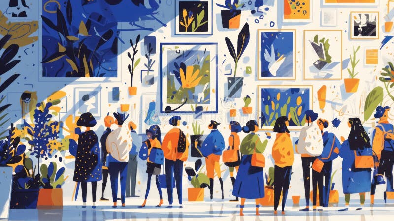 Colorful Abstract Illustration of People Viewing Artwork in Gallery ...