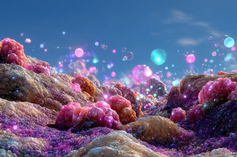 Colorful Abstract Landscape with Bubbles Floating Above Textured ...