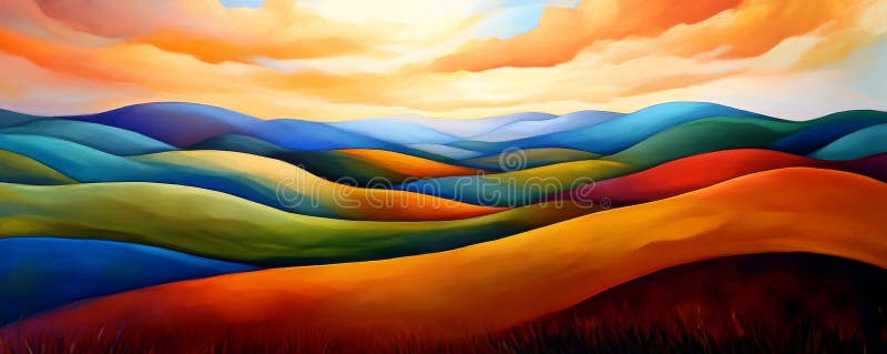 Colorful Abstract Landscape with Rolling Hills at Sunset, Vibrant ...