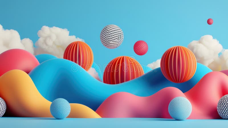 Colorful Abstract Landscape with Spherical Floating Elements on Blue ...