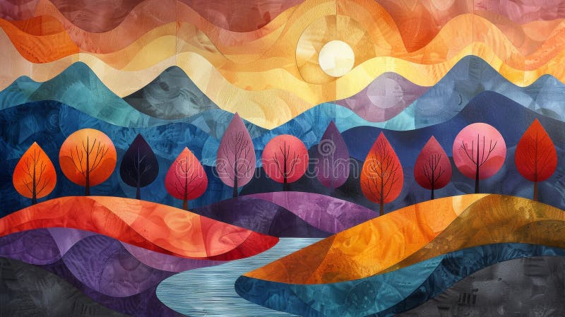 Colorful Abstract Landscape with Trees and Hills Stock Photo - Image of ...