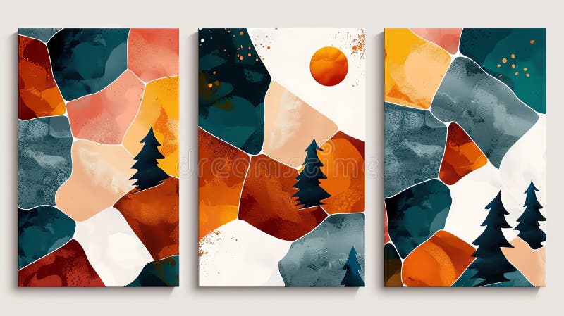 Colorful Abstract Landscape with Trees and Sun, Perfect for Modern ...