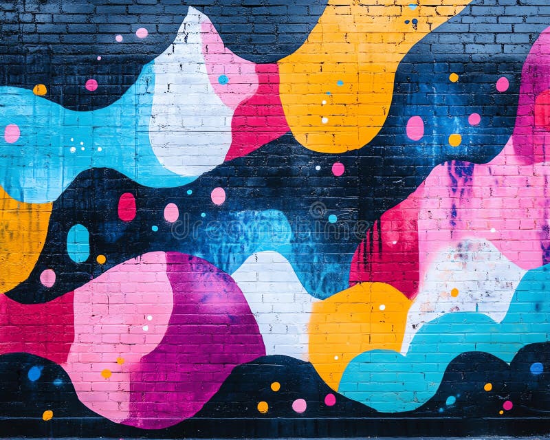 Colorful Abstract Mural Art on a Brick Wall, Showcasing Vibrant Shapes ...