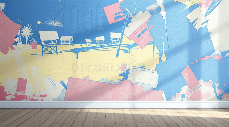 Colorful Abstract Mural with Beach Scene Elements on a Textured Blue ...