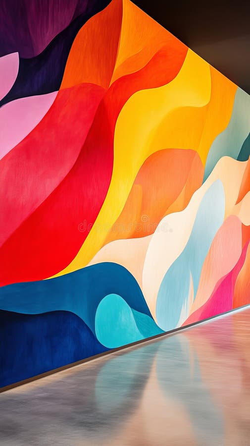 Colorful Abstract Mural with Flowing Shapes on Wall Stock Image - Image ...