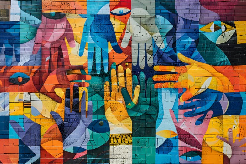 Colorful Abstract Mural of Interwoven Hands and Eyes on a Textured ...