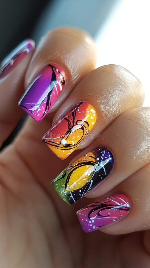 Colorful Abstract Nail Art Design with Gradient Colors and Intricate ...