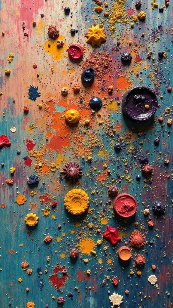 Colorful Abstract Paint Splatter with Circular Patterns on Textured ...