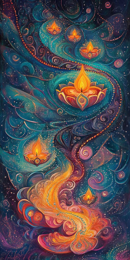 A Colorful Abstract Painting Featuring Glowing Lanterns and Swirling ...