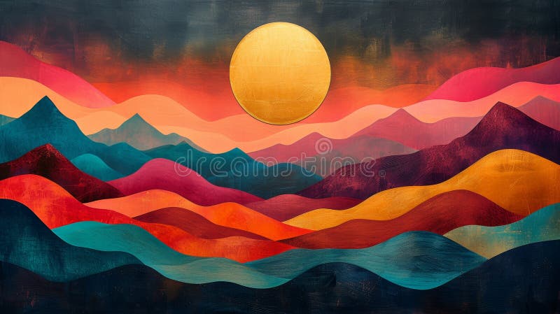 Colorful Abstract Painting of Rolling Hills and Sun Stock Photo - Image ...