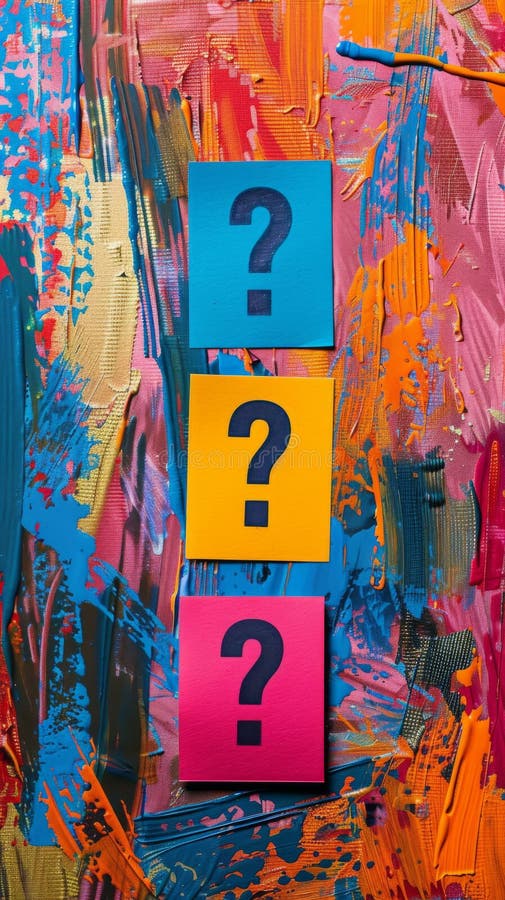 Colorful Abstract Painting with Three Question Marks on Sticky Notes ...