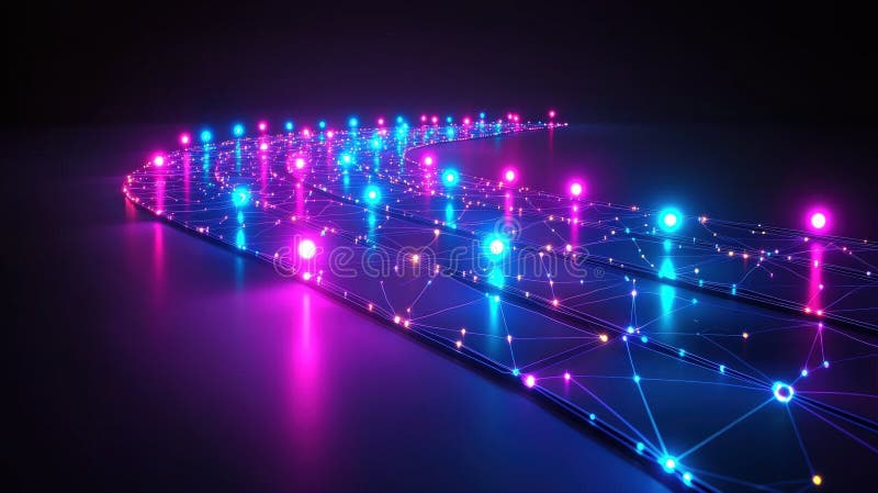 Colorful Abstract Pathway with Neon Lights and Connected Nodes in Dark ...