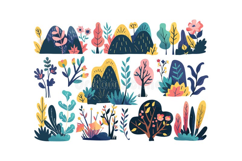 Colorful Abstract Plants and Trees Illustration Set. Vector ...