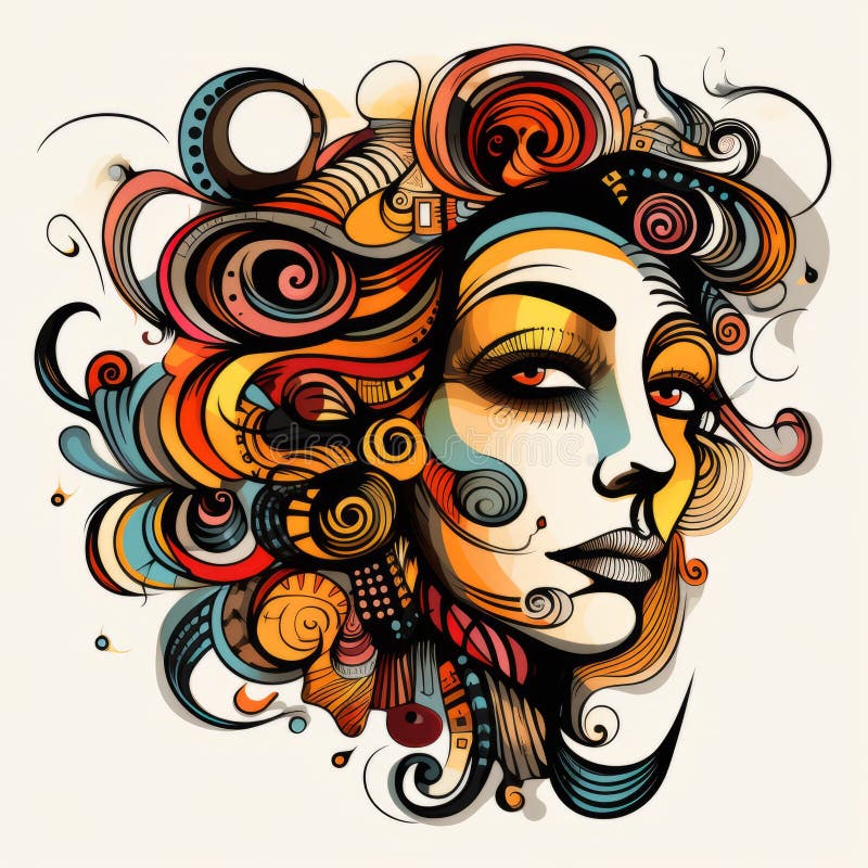 Colorful Abstract Portrait with Swirly Floral Pattern Stock ...