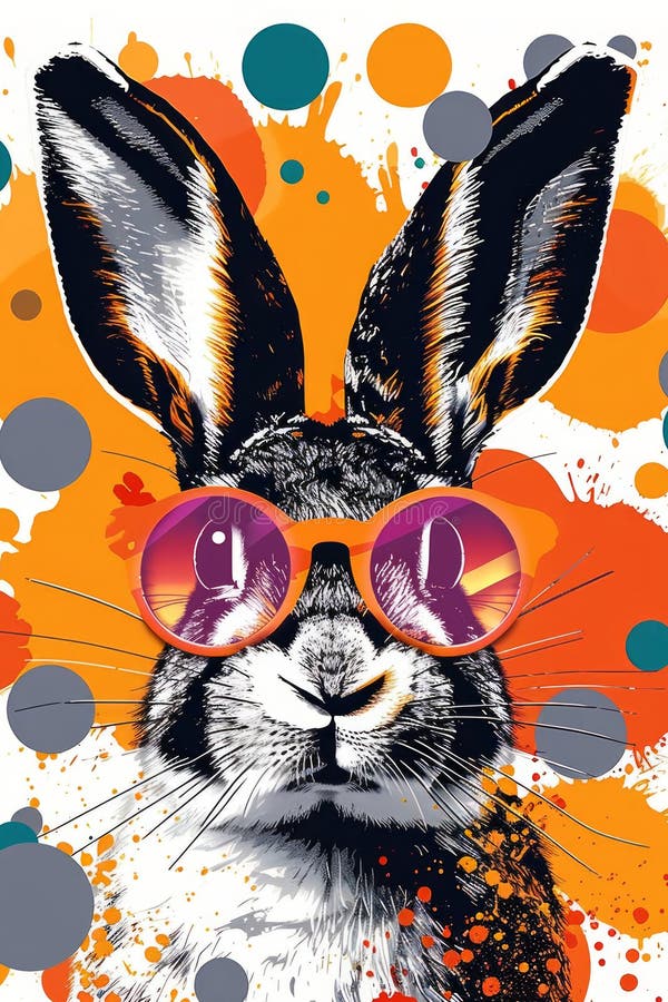 Colorful, Abstract Rabbit Artwork with Splatter and Glasses Stock Photo ...