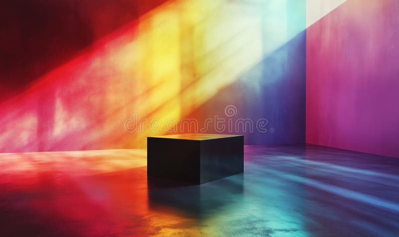 Colorful Abstract Room with Light Reflections and a Black Cube ...