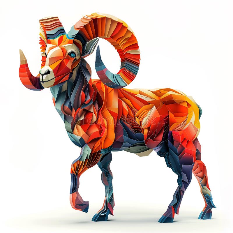 A Colorful Abstract Sculpture of a Ram Standing on a White Background ...